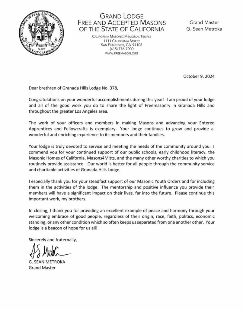 Granada Hills Lodge No. 378 F&AM » GRAND MASTER LETTER OF COMMENDATION